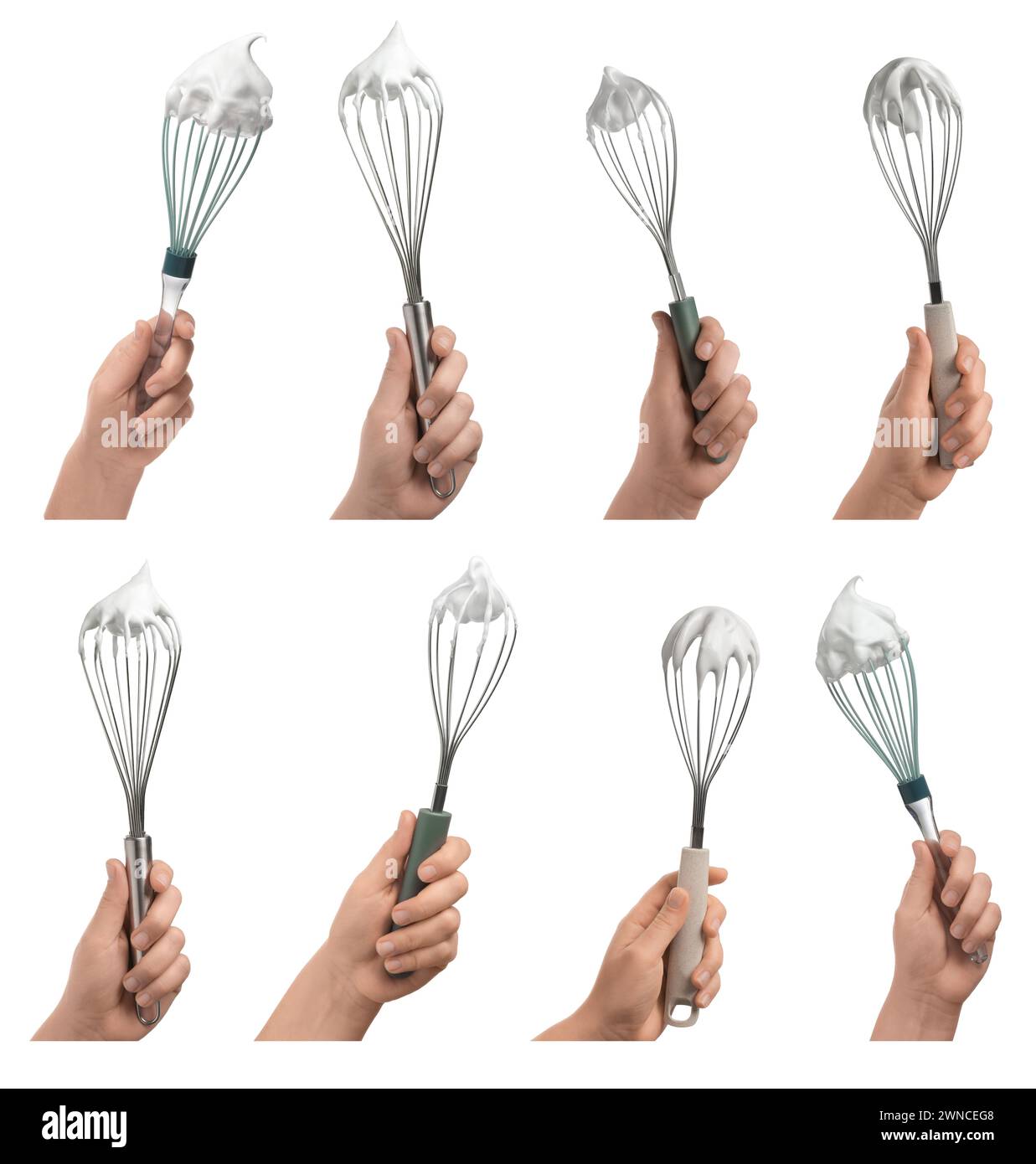 People holding whisks with cream on white background, closeup ...