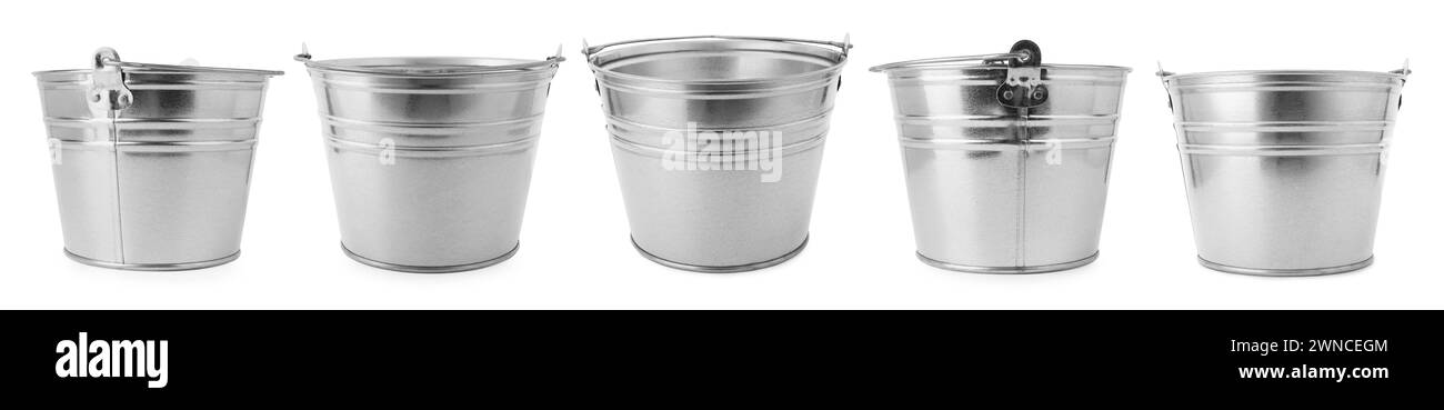 Shiny metal buckets isolated on white, set Stock Photo - Alamy