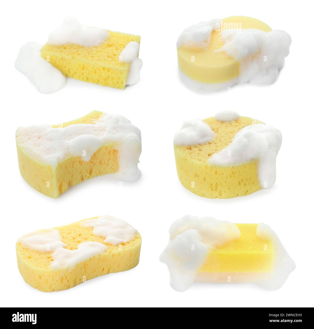 Different yellow sponges with foam isolated on white, set Stock Photo ...