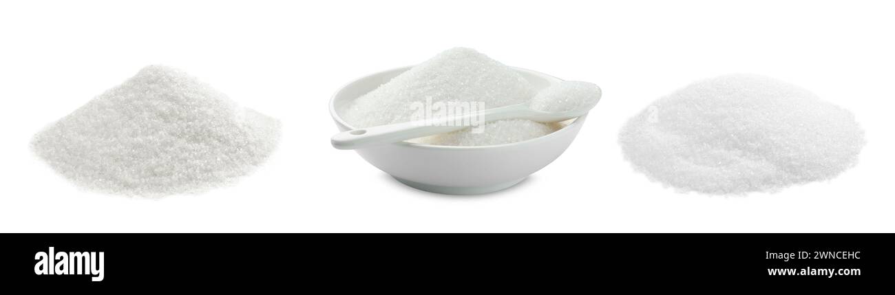 White granulated sugar isolated on white, set Stock Photo - Alamy