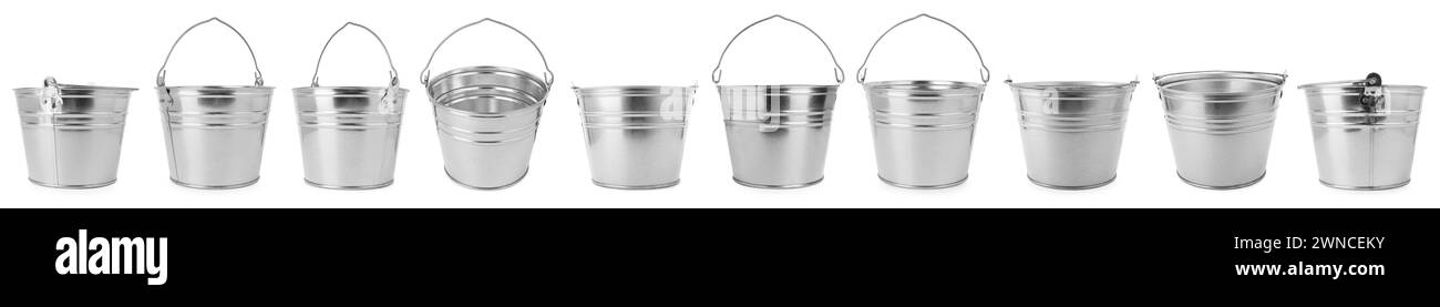 Shiny metal buckets isolated on white, set Stock Photo - Alamy
