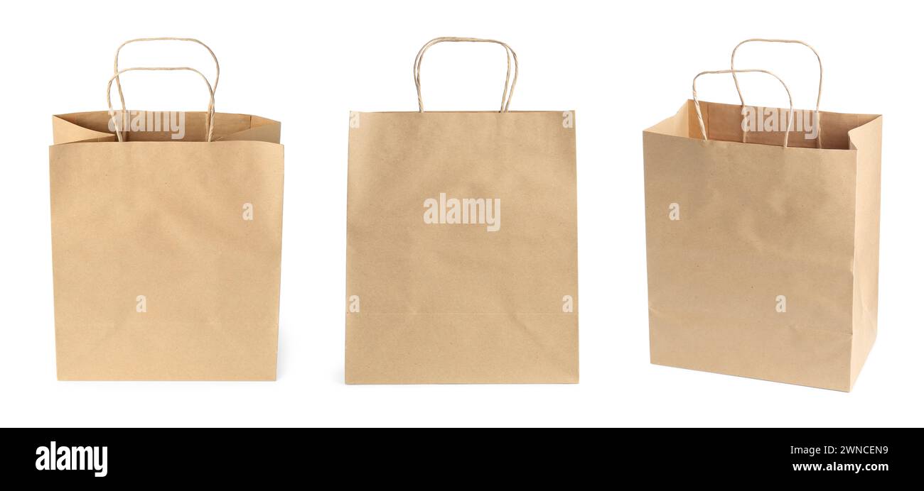 Kraft paper bags isolated on white, set Stock Photo - Alamy