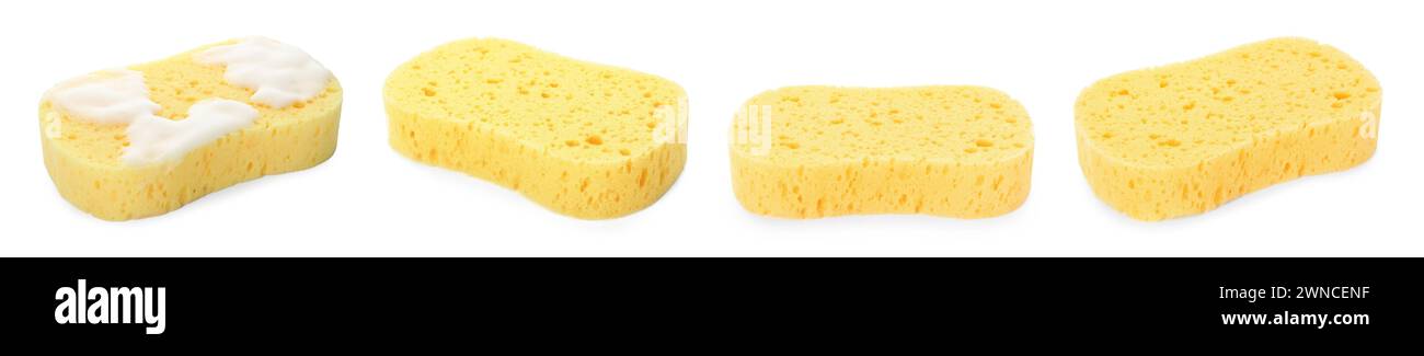 Different yellow sponges isolated on white, set Stock Photo - Alamy