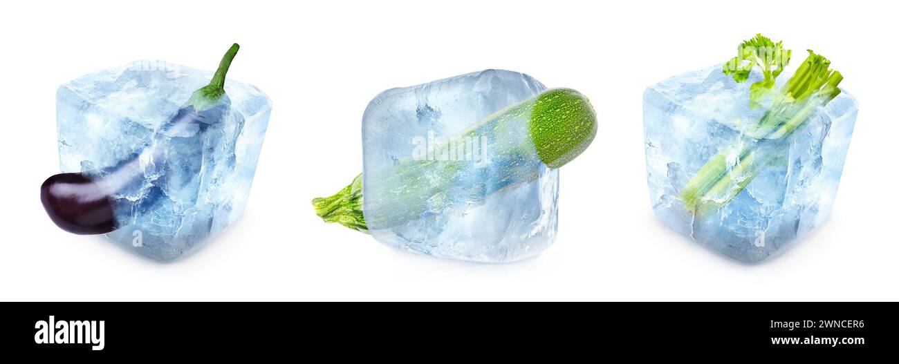 Frozen food. Different vegetables in ice cubes isolated on white, set ...