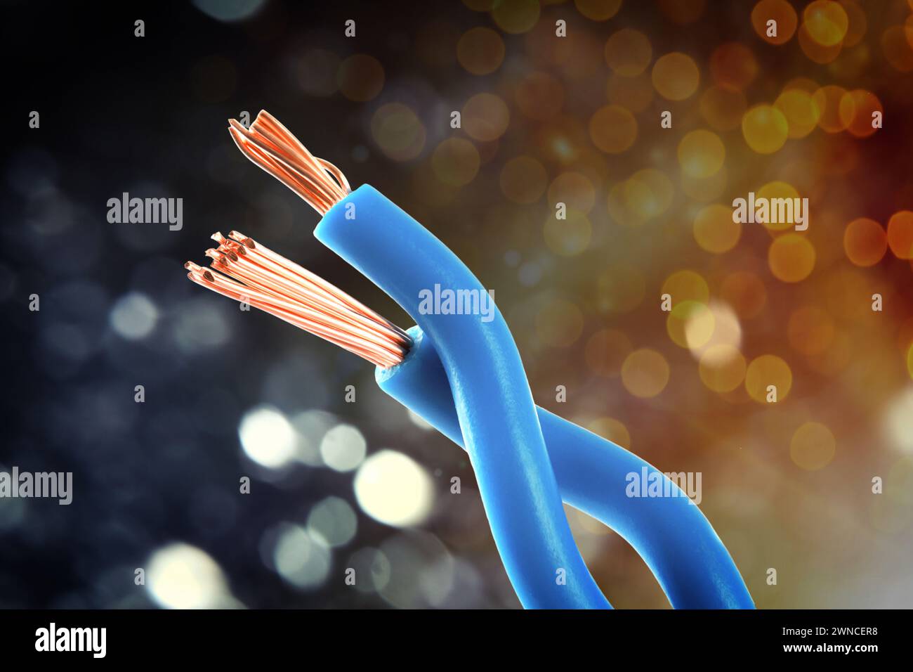 Electrical wires against dark background with blurred lights, closeup ...