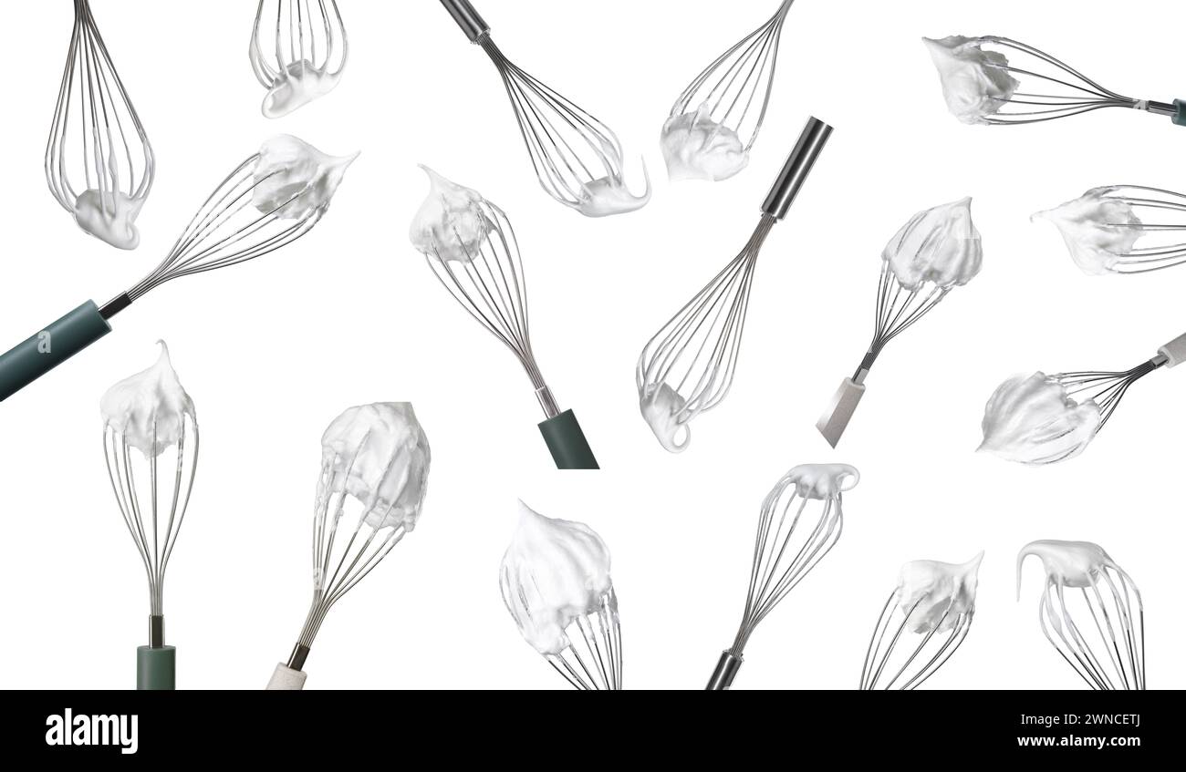 Many different whisks with cream isolated on white, collection Stock ...