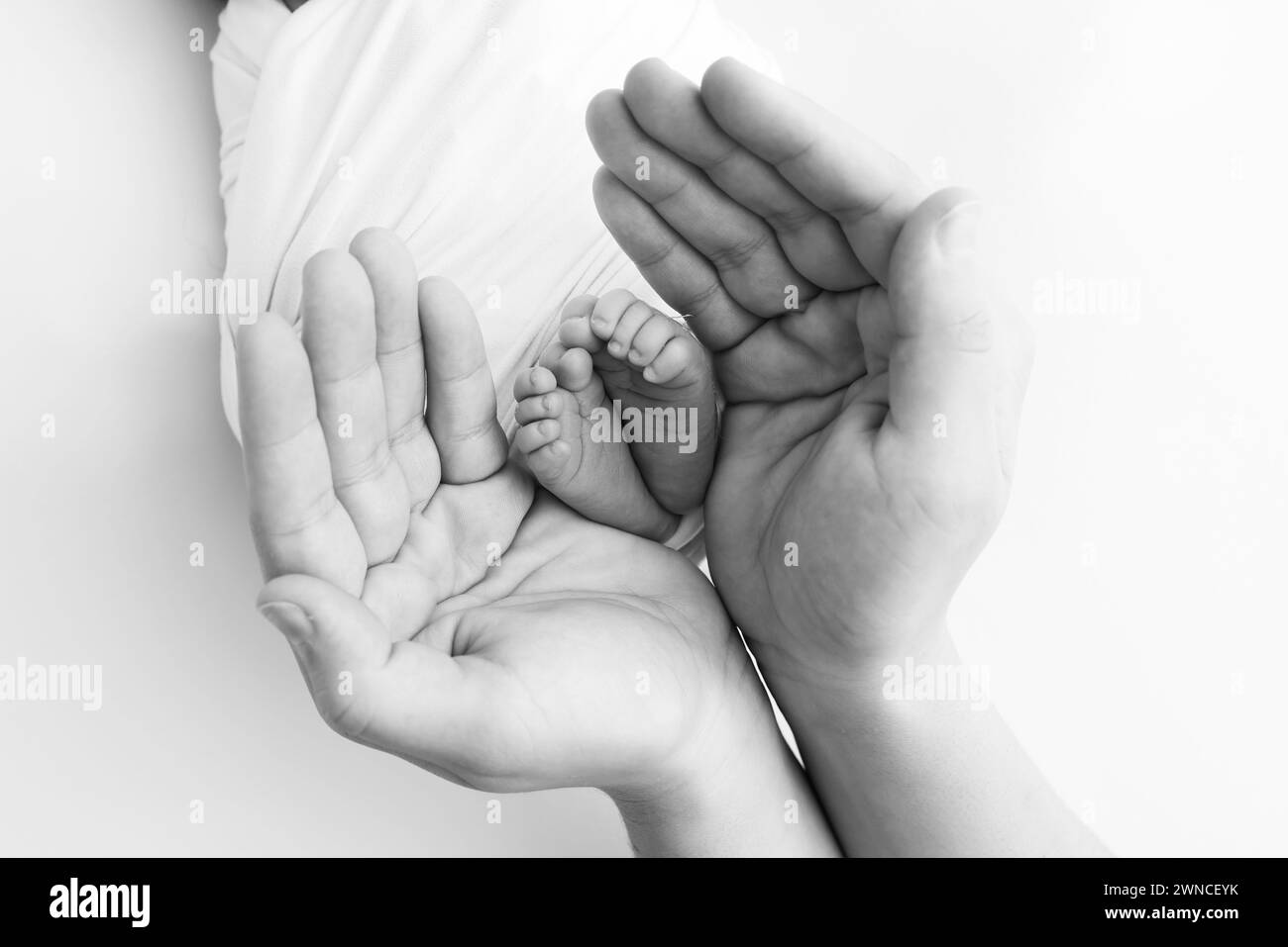 The palms of the father, the mother are holding the foot of the newborn ...
