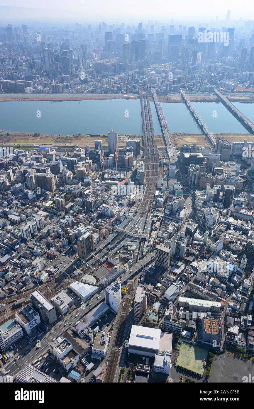 An aerial photo shows Hankyu Jūsō Station operated by Hankyu Railway ...