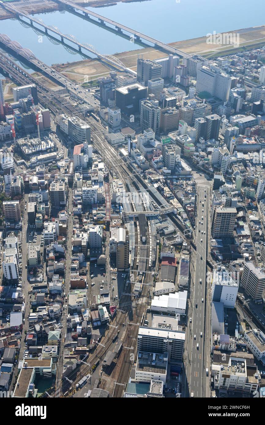 An aerial photo shows Hankyu Jūsō Station operated by Hankyu Railway ...