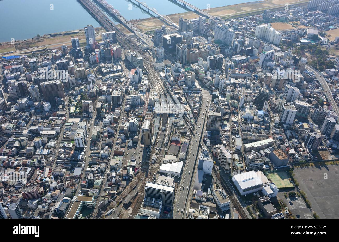 An aerial photo shows Hankyu Jūsō Station operated by Hankyu Railway ...