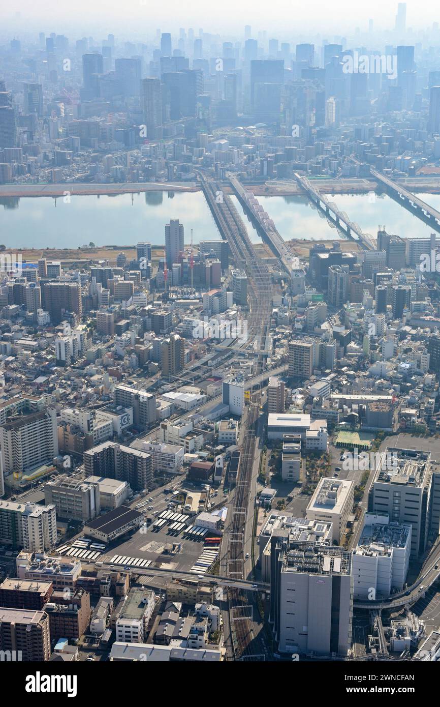 An aerial photo shows Hankyu Jūsō Station operated by Hankyu Railway ...