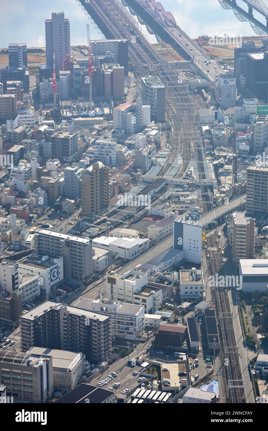 An aerial photo shows Hankyu Jūsō Station operated by Hankyu Railway ...