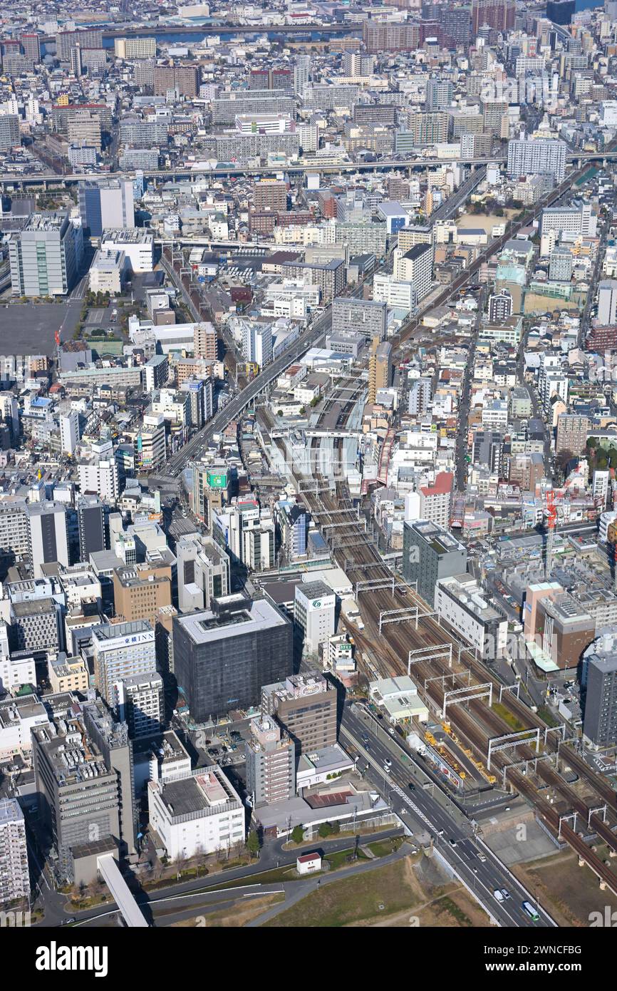 An aerial photo shows Hankyu Jūsō Station operated by Hankyu Railway ...