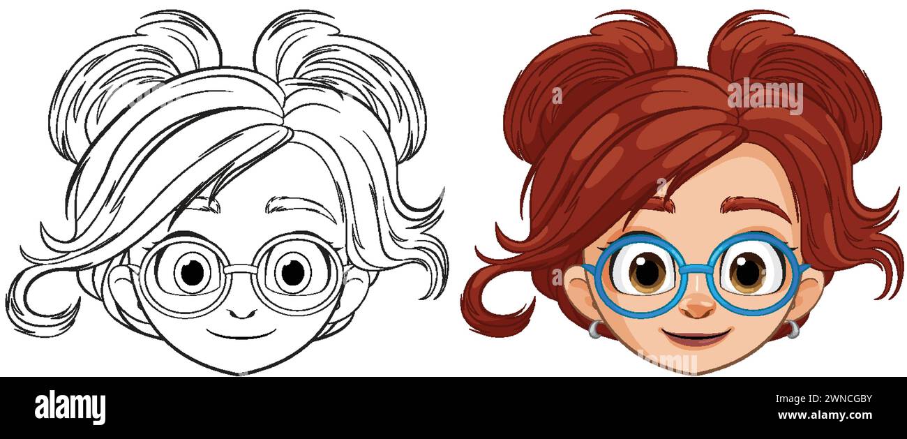 Vector transformation of a girl's face from line art to color Stock ...