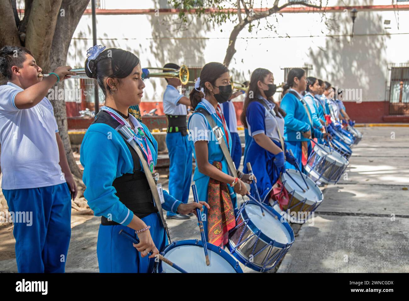 Oaxaca, Mexico - Members of a drum and bugle corps practice in LLano ...