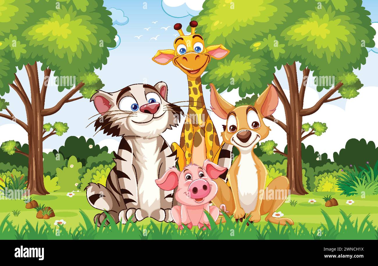 Cartoon animals smiling together in a green park Stock Vector Image ...