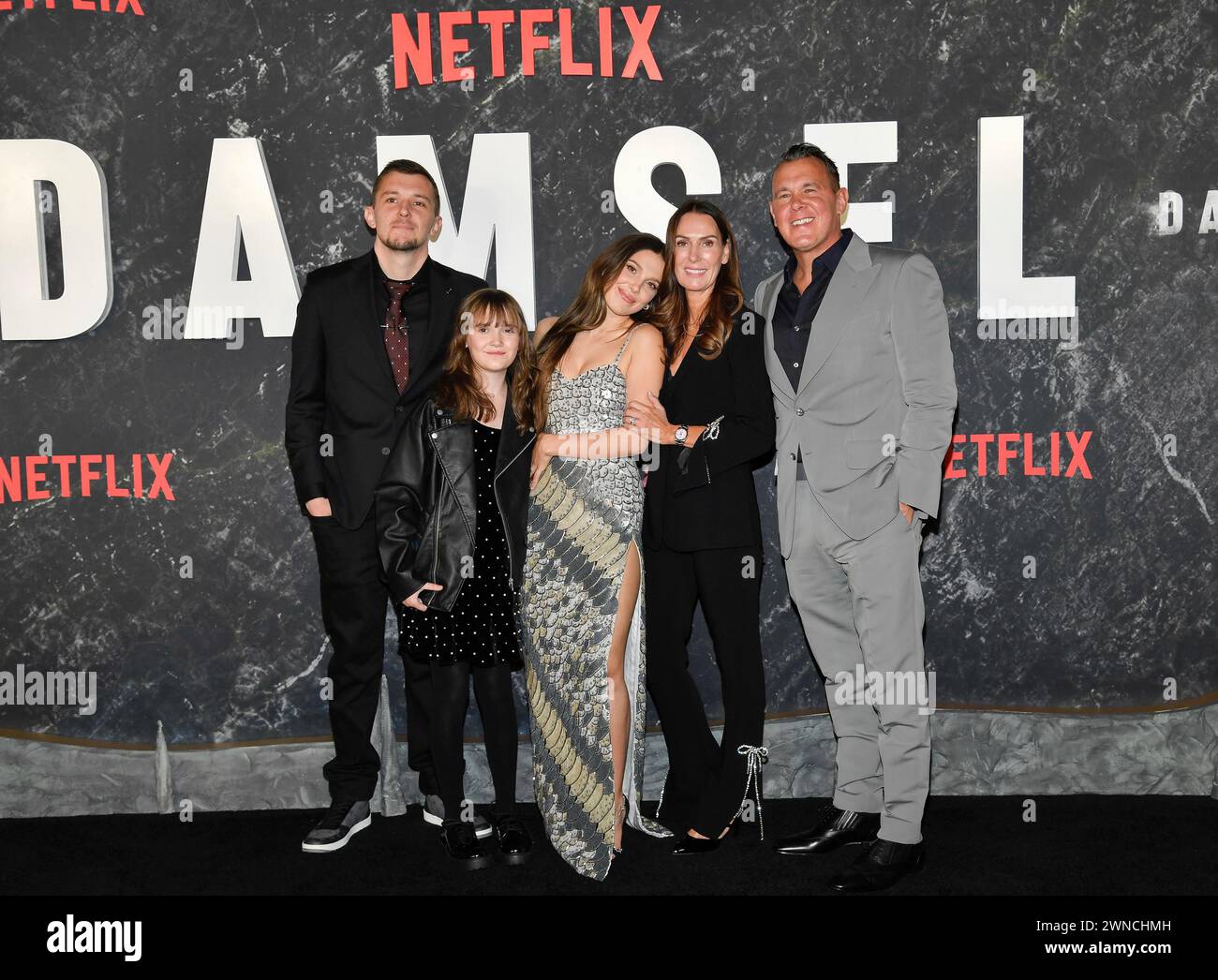 Charlie Brown, left, Ava Brown, Millie Bobby Brown, Kelly Brown and Robert Brown attend the ...