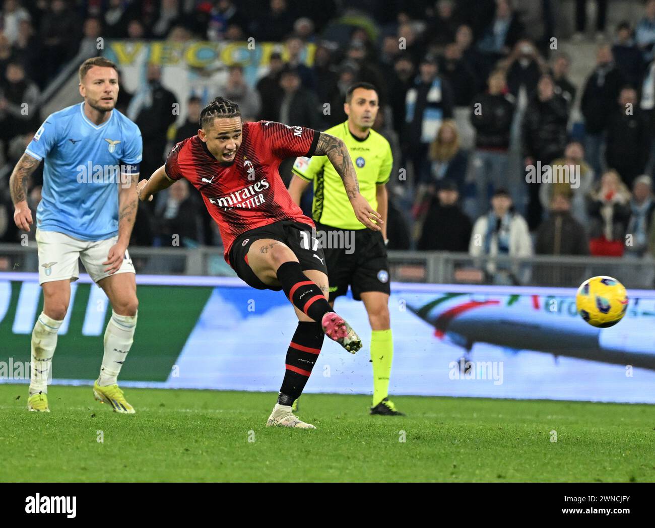 Rome, Italy. 1st Mar, 2024. AC Milan's Noah Okafor (C) scores his goal ...