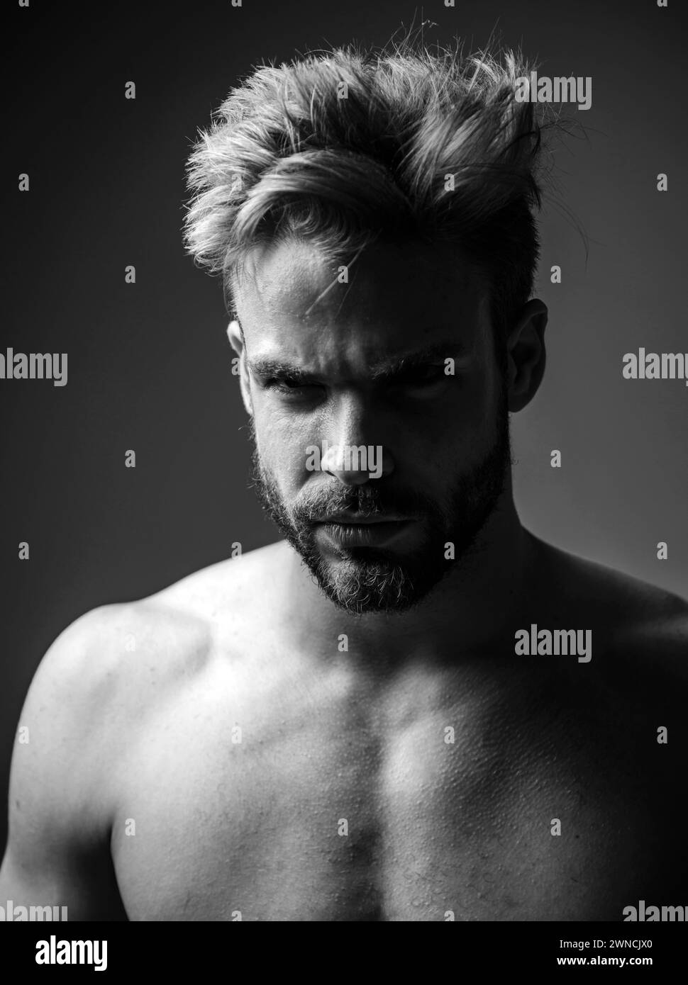 Closeup man portrait. Man face. Handsome bearded man - face half on ...