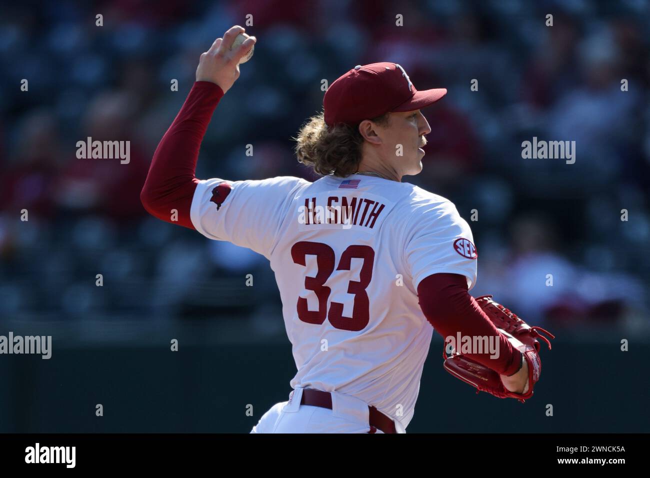 March 1, 2024: Razorback pitcher Hagen Smith #33 prepares to release ...