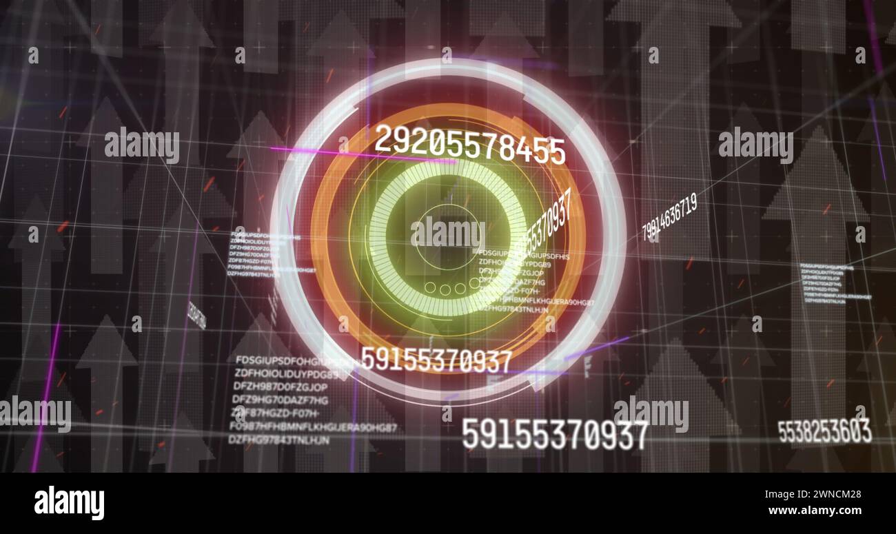 Image of scope scanning, numbers changing and data processing with arrows in background Stock ...
