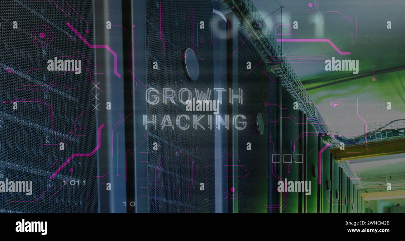 Image of growth hacking text and data processing over server room Stock Photo - Alamy