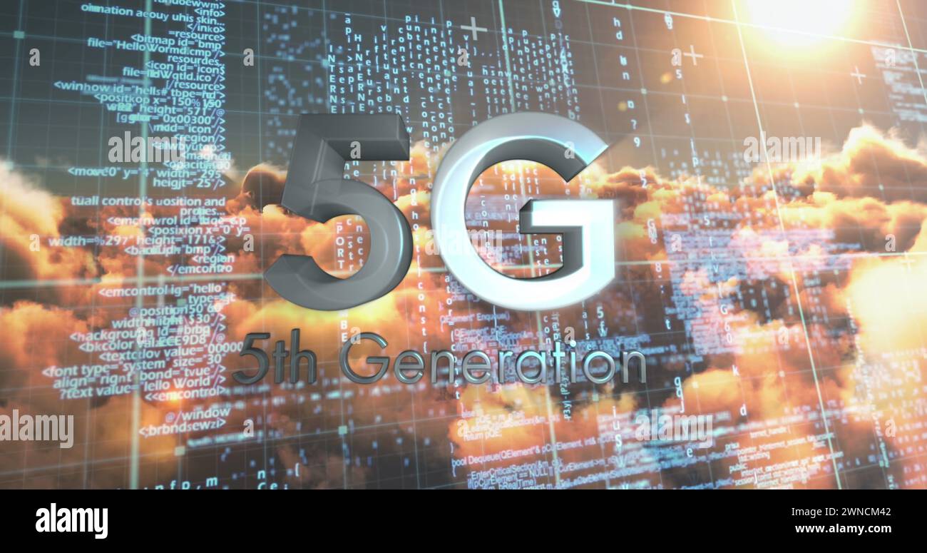 Digital image of 5g text and data processing against clouds in morning ...