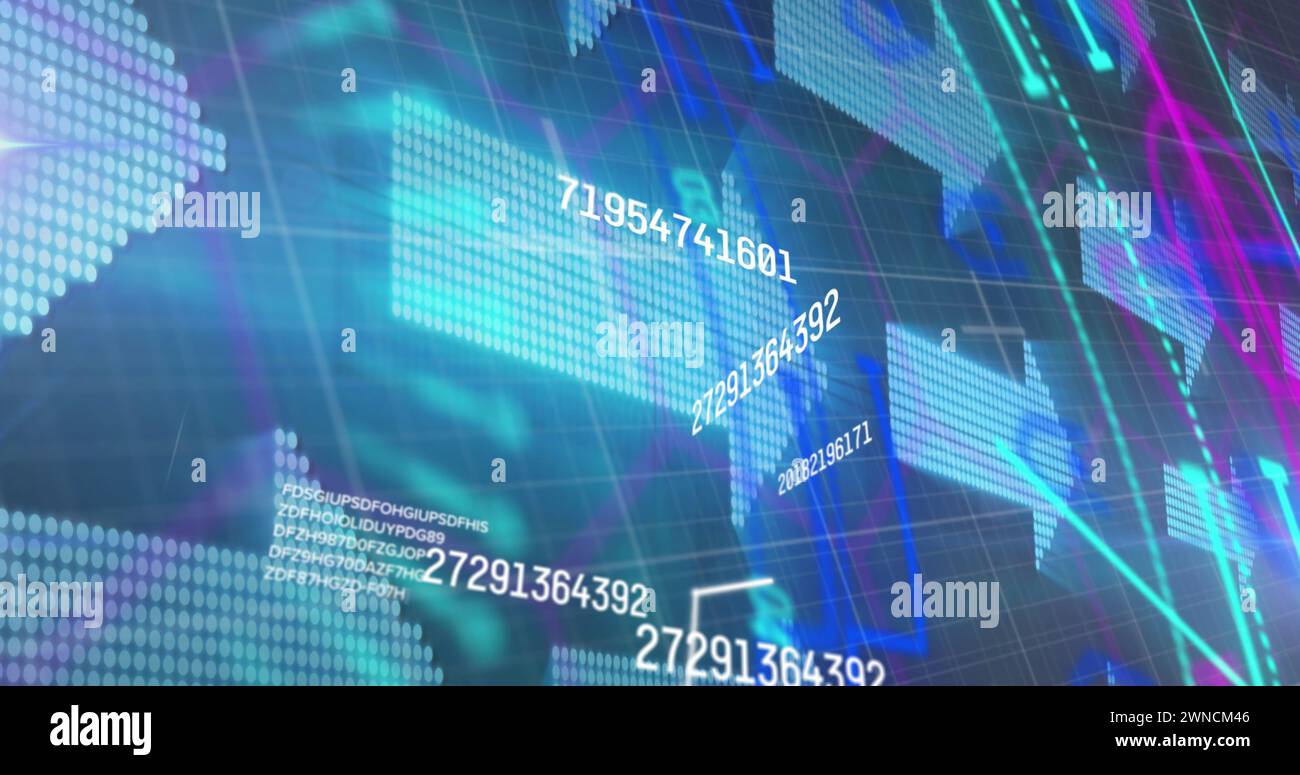 Image of scope scanning, numbers changing and digital arrows on blue background Stock Photo - Alamy