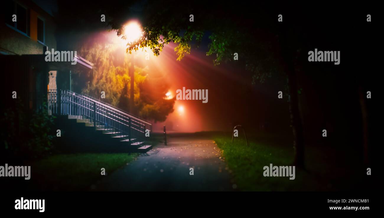 Light of street lamp in foggy night Stock Photo - Alamy