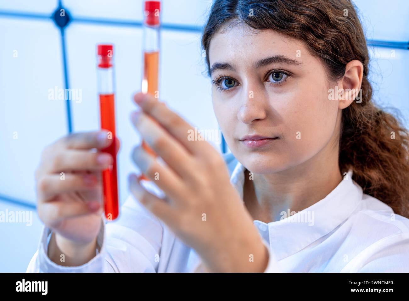 Scientist comparing test tubes Stock Photo - Alamy