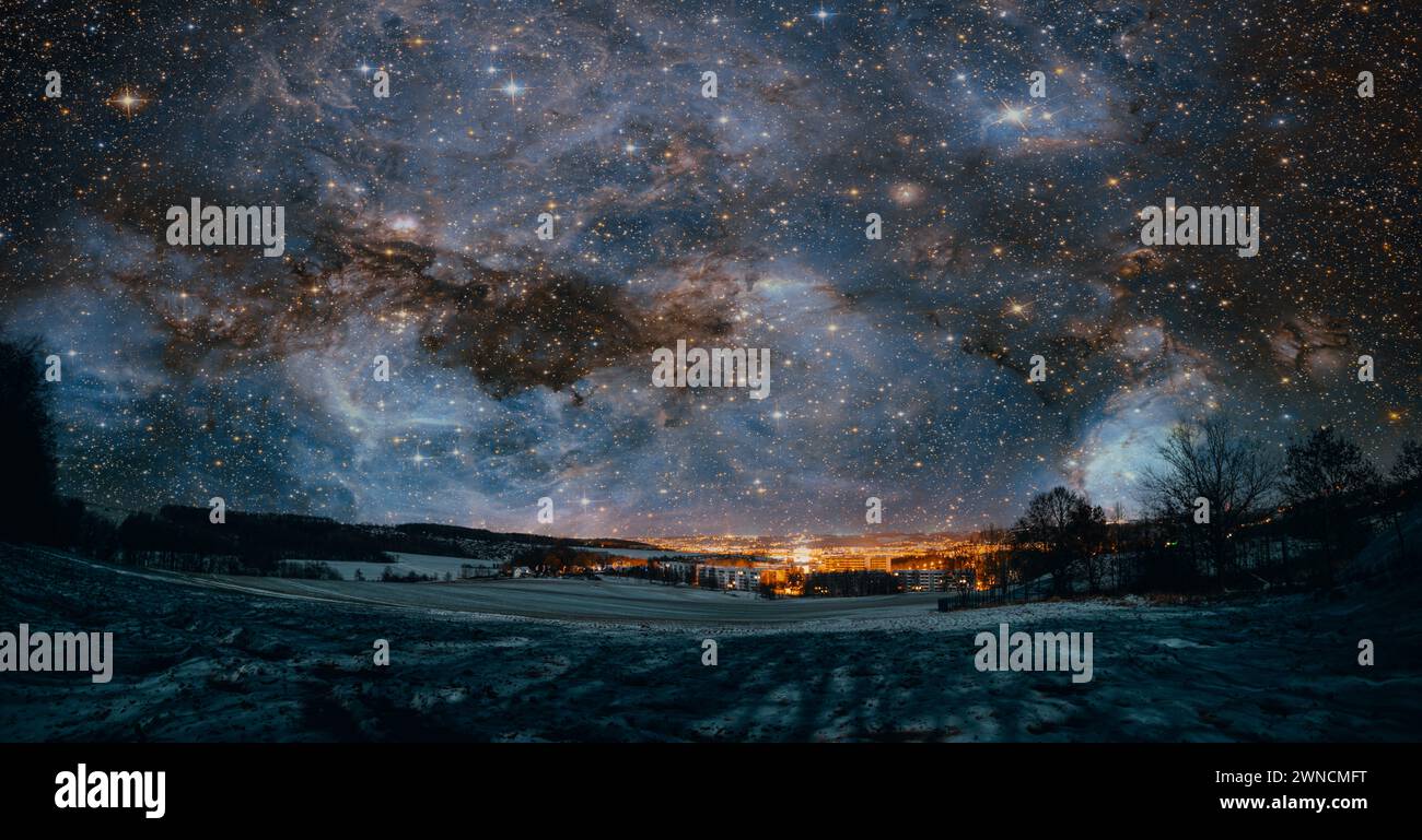 Winter landscape with starry night sky Stock Photo - Alamy