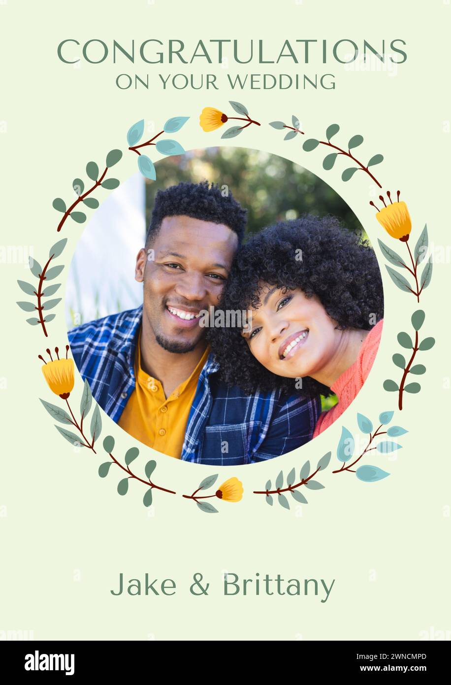 Celebrating love, a couple's joyous faces framed by a floral wreath ...