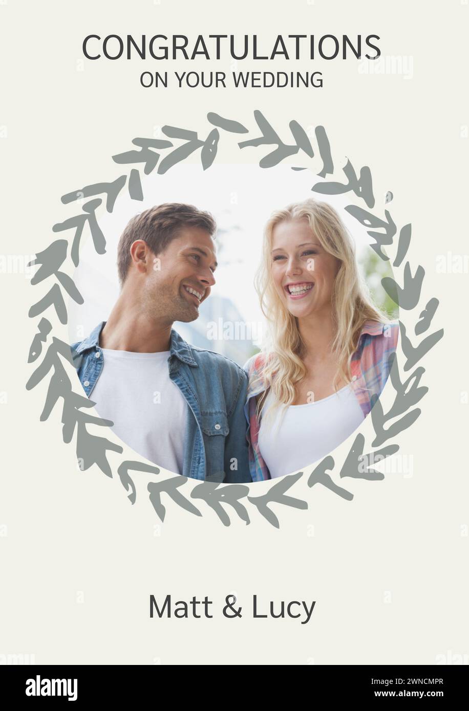 Celebrating love and union, a joyous couple framed by a delicate wreath ...
