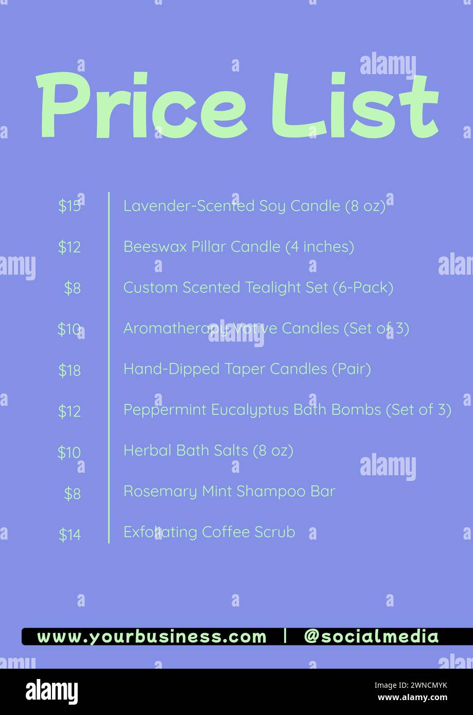 Showcase your offerings, a clear price list with soothing colors Stock ...