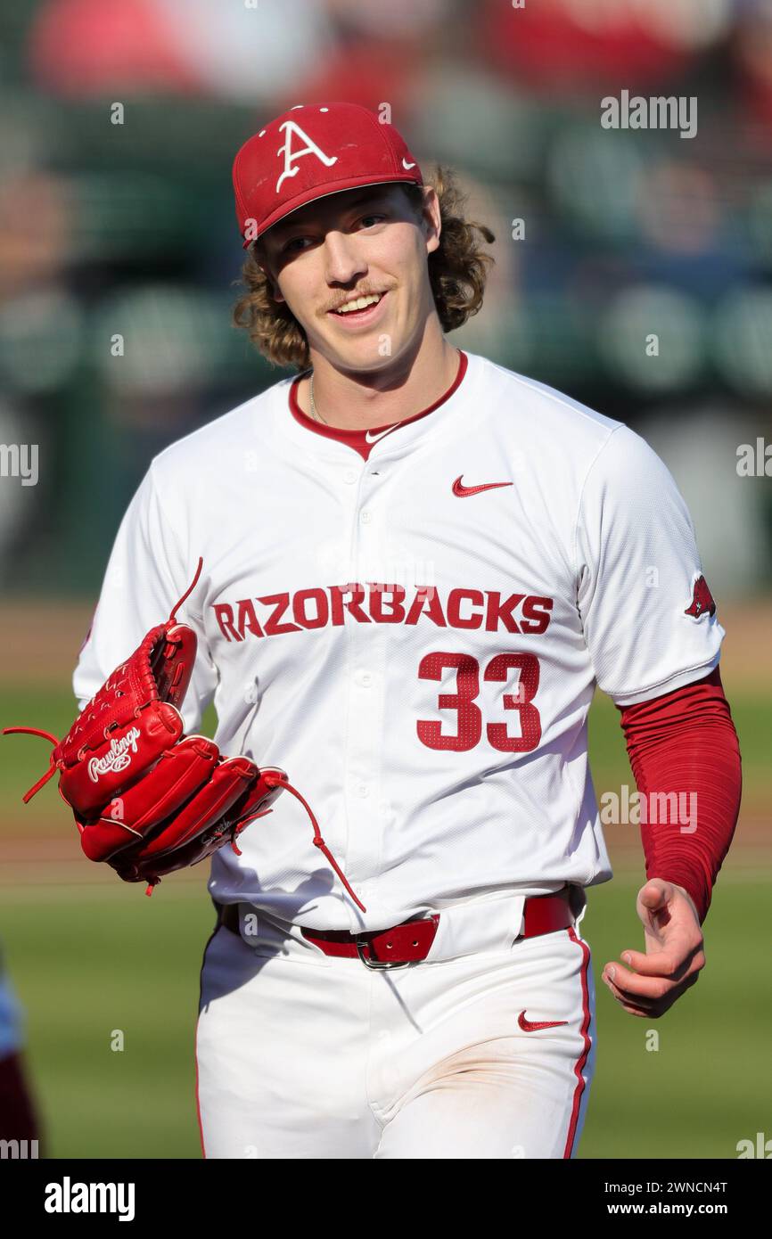 March 1, 2024: Arkansas starting pitcher Hagen Smith #33 flashes as ...