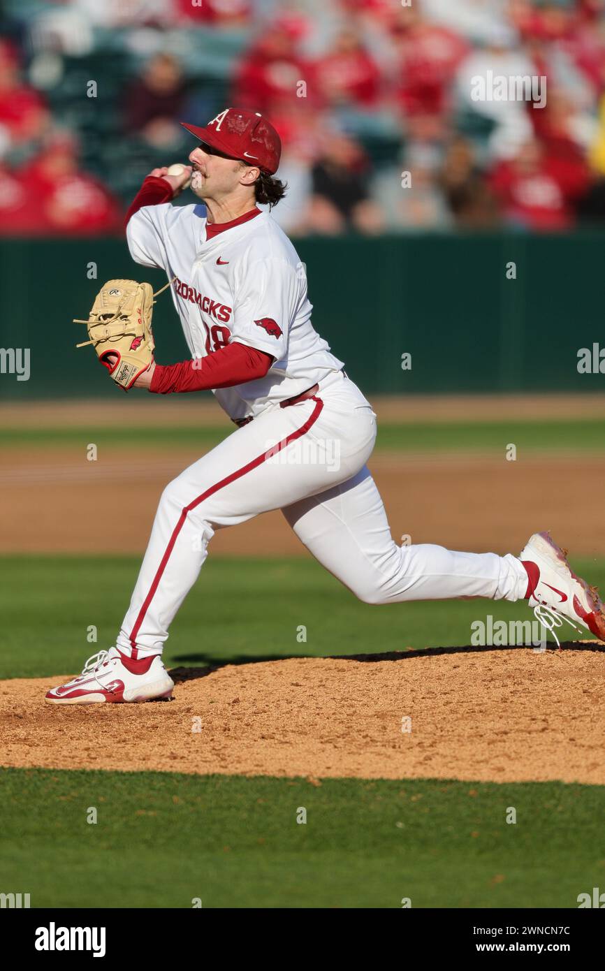 March 1, 2024: Arkansas pitcher Koty Frank #28 prepares to release the ...