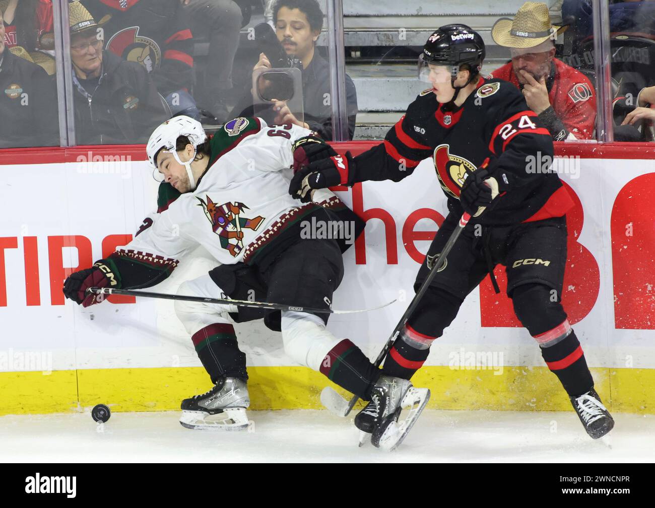 Arizona Coyotes' Matias Maccelli (63) and Ottawa Senators' Jacob ...