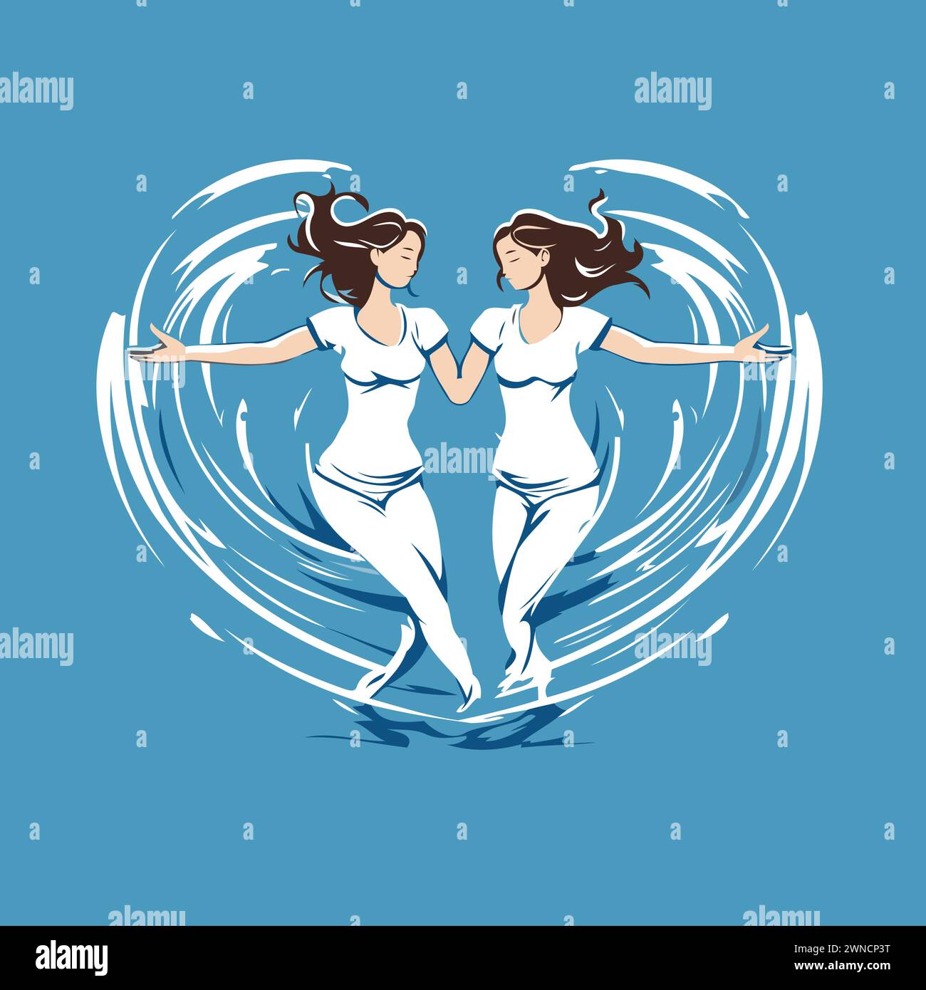 Two girls dancing on the background of a wave. Vector illustration ...