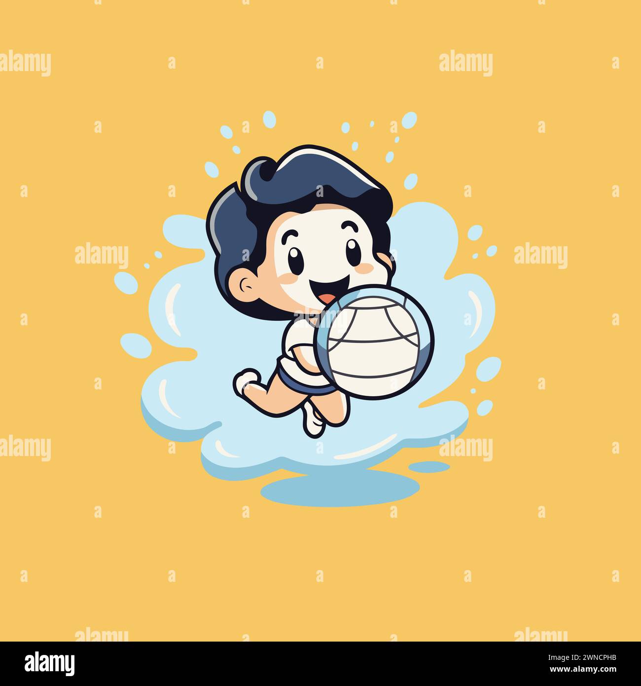 Vector Illustration Of Cartoon Kid Boy Playing Volleyball On Cloud ...