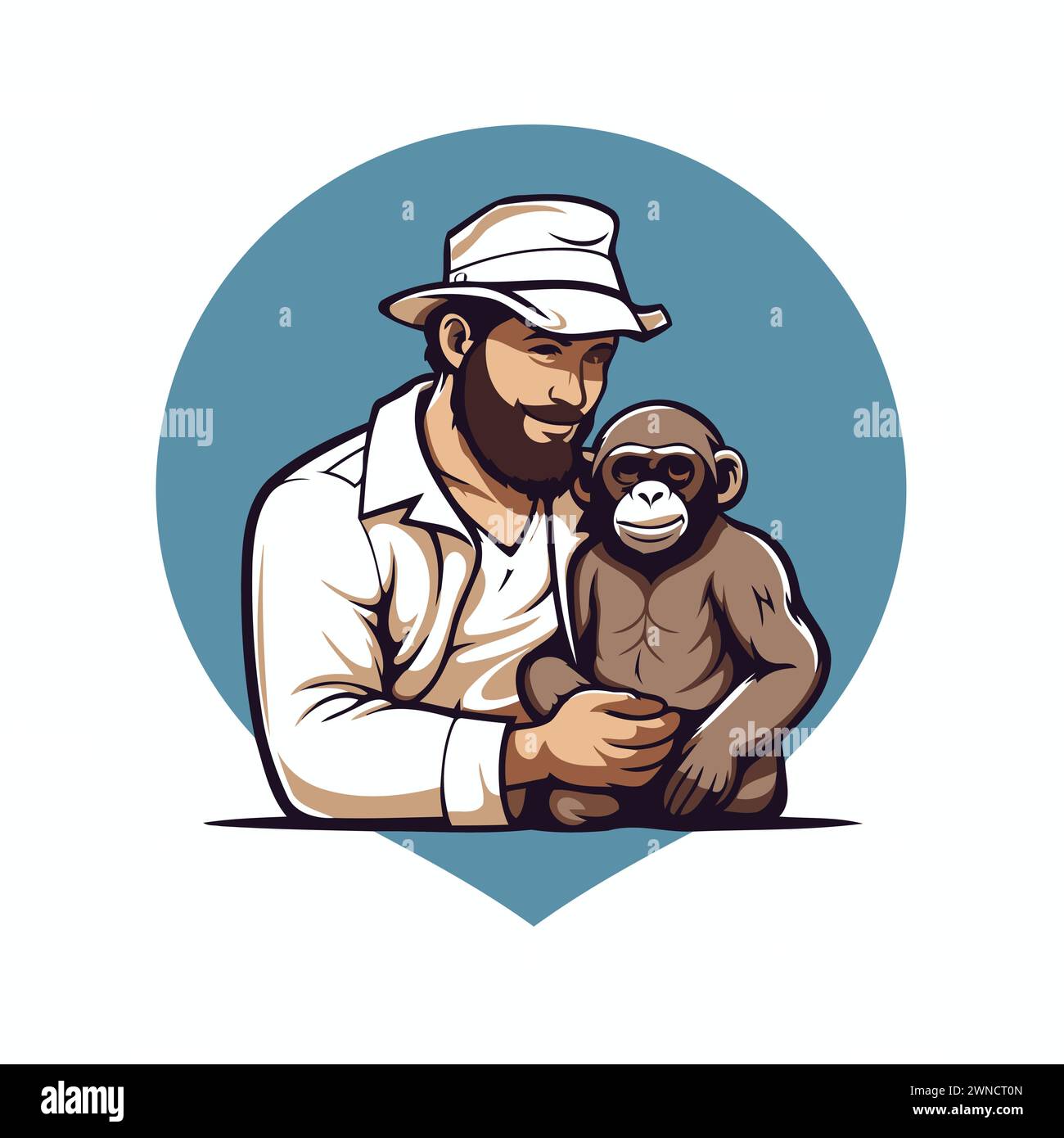 Monkey and a man in a hat. Vector illustration on white background ...