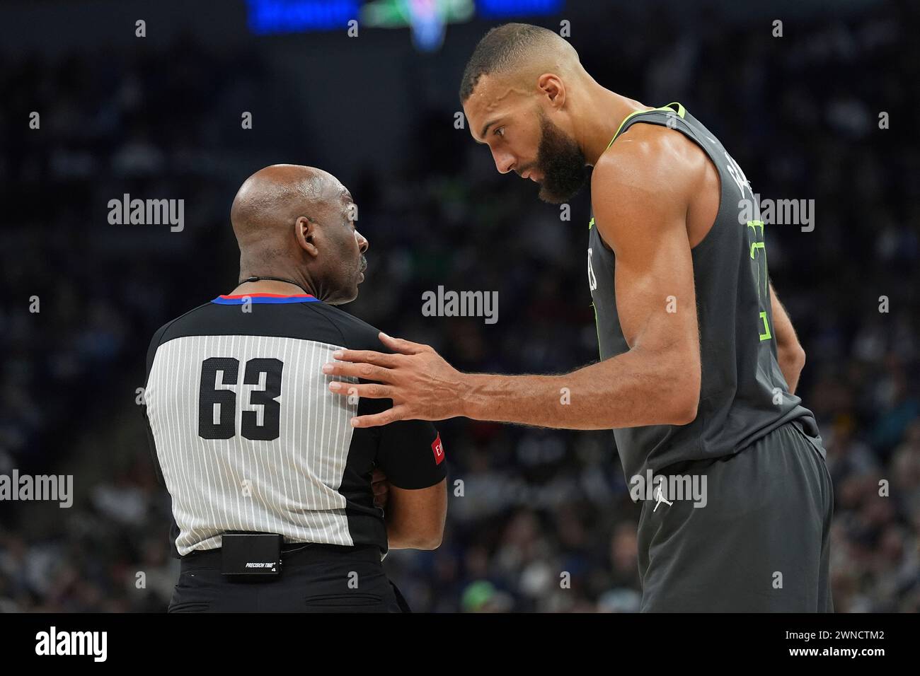 Minnesota Timberwolves center Rudy Gobert, right, talks with referee ...