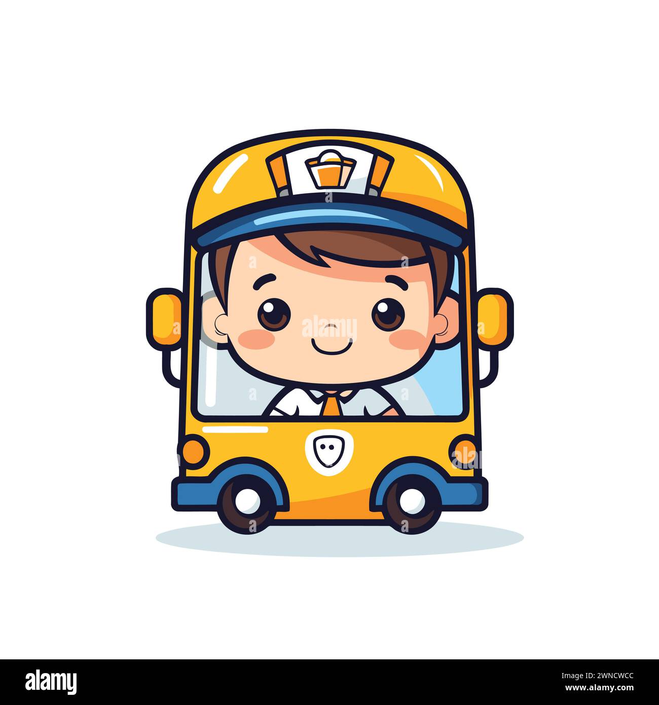 Cute boy driving school bus on white background. Vector illustration ...