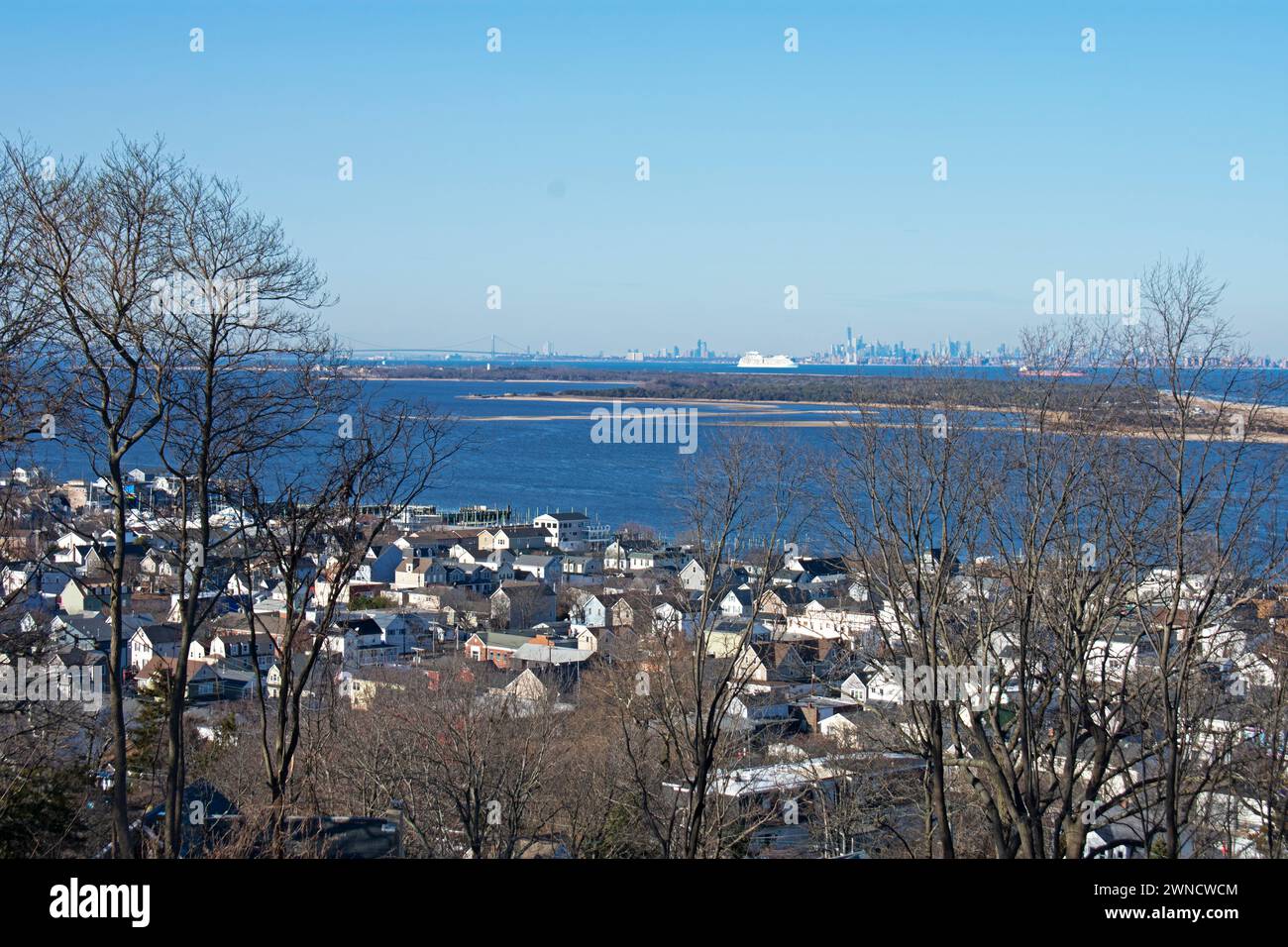 Sandy Hook, the Verrazzano Bridge and the New York City skyline in the ...
