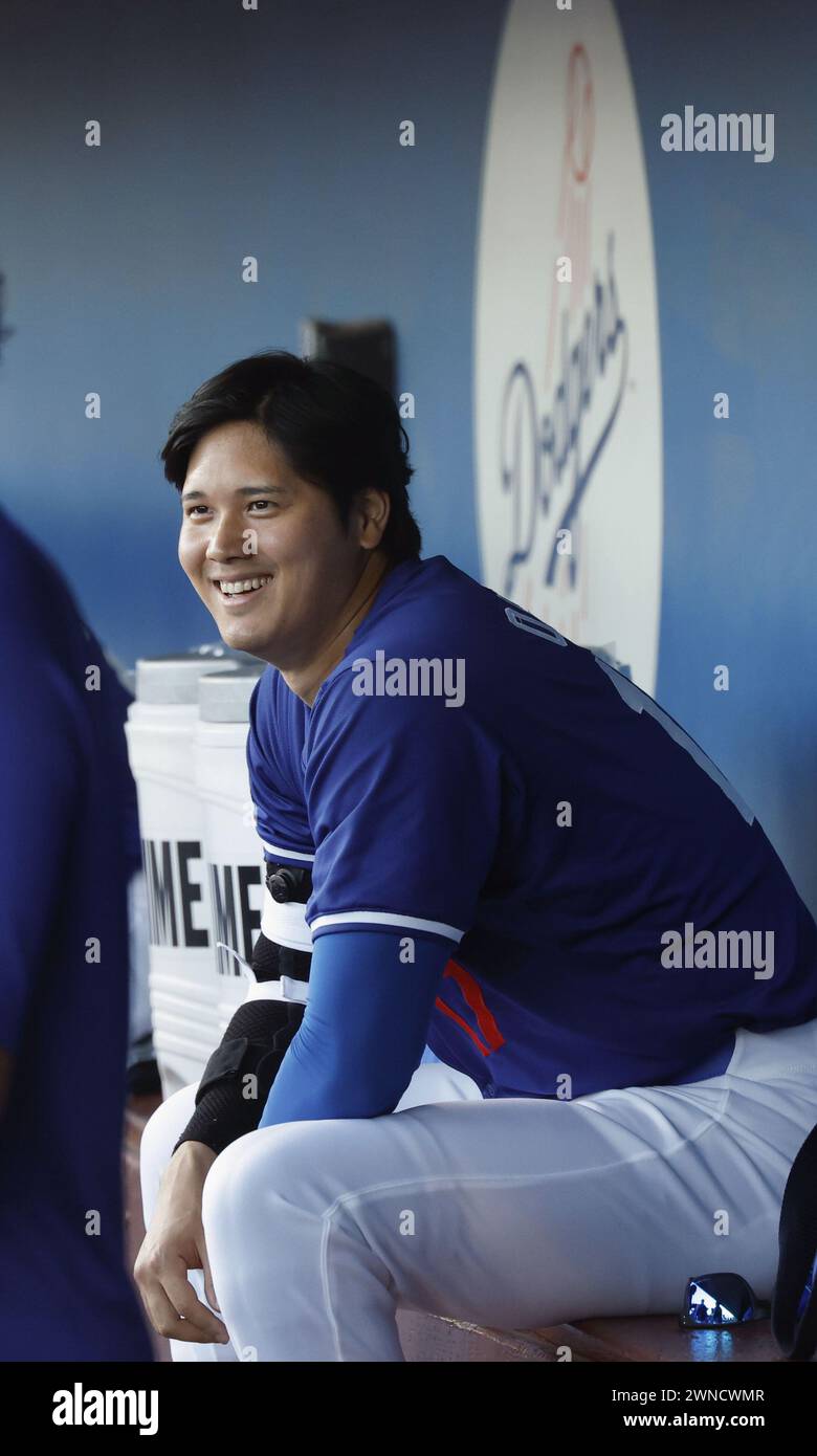 Shohei Ohtani of the Los Angeles Dodgers is pictured in the dugout ...