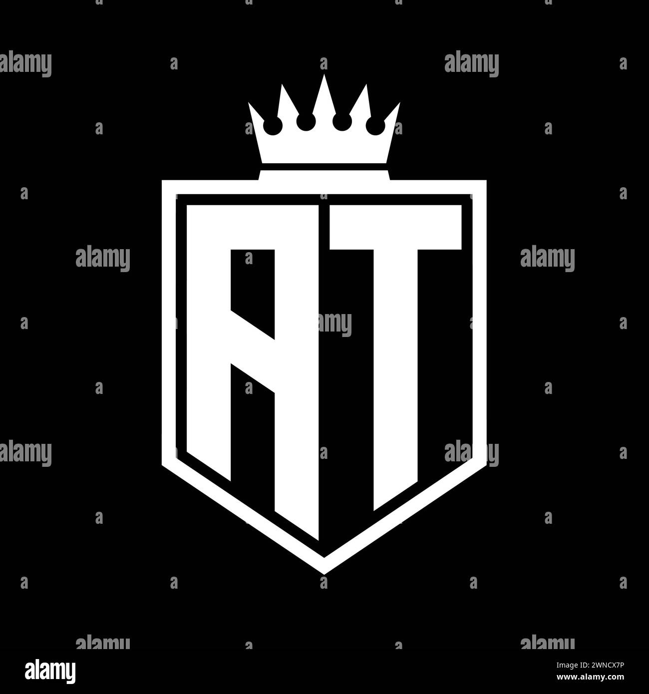 AT Letter Logo monogram bold shield geometric shape with crown outline ...