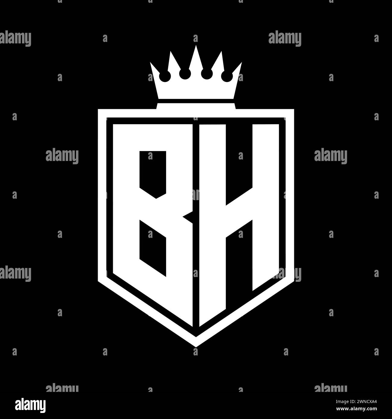 BH Letter Logo monogram bold shield geometric shape with crown outline ...