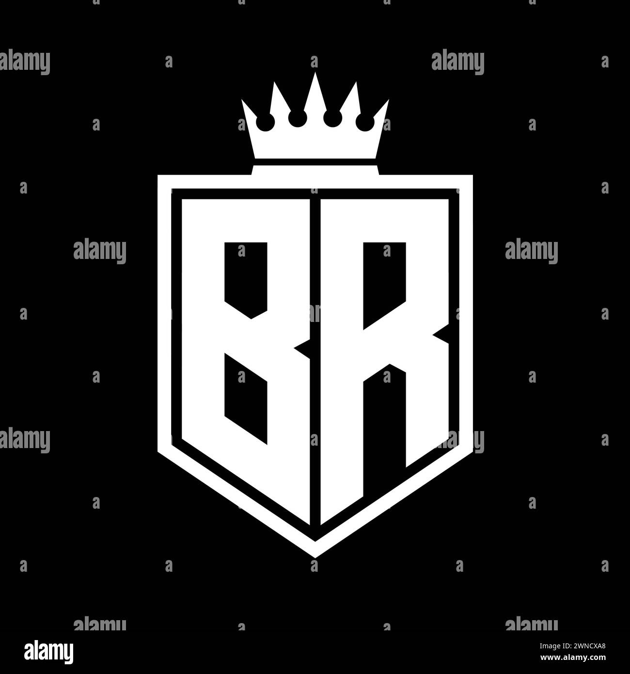 BR Letter Logo monogram bold shield geometric shape with crown outline ...