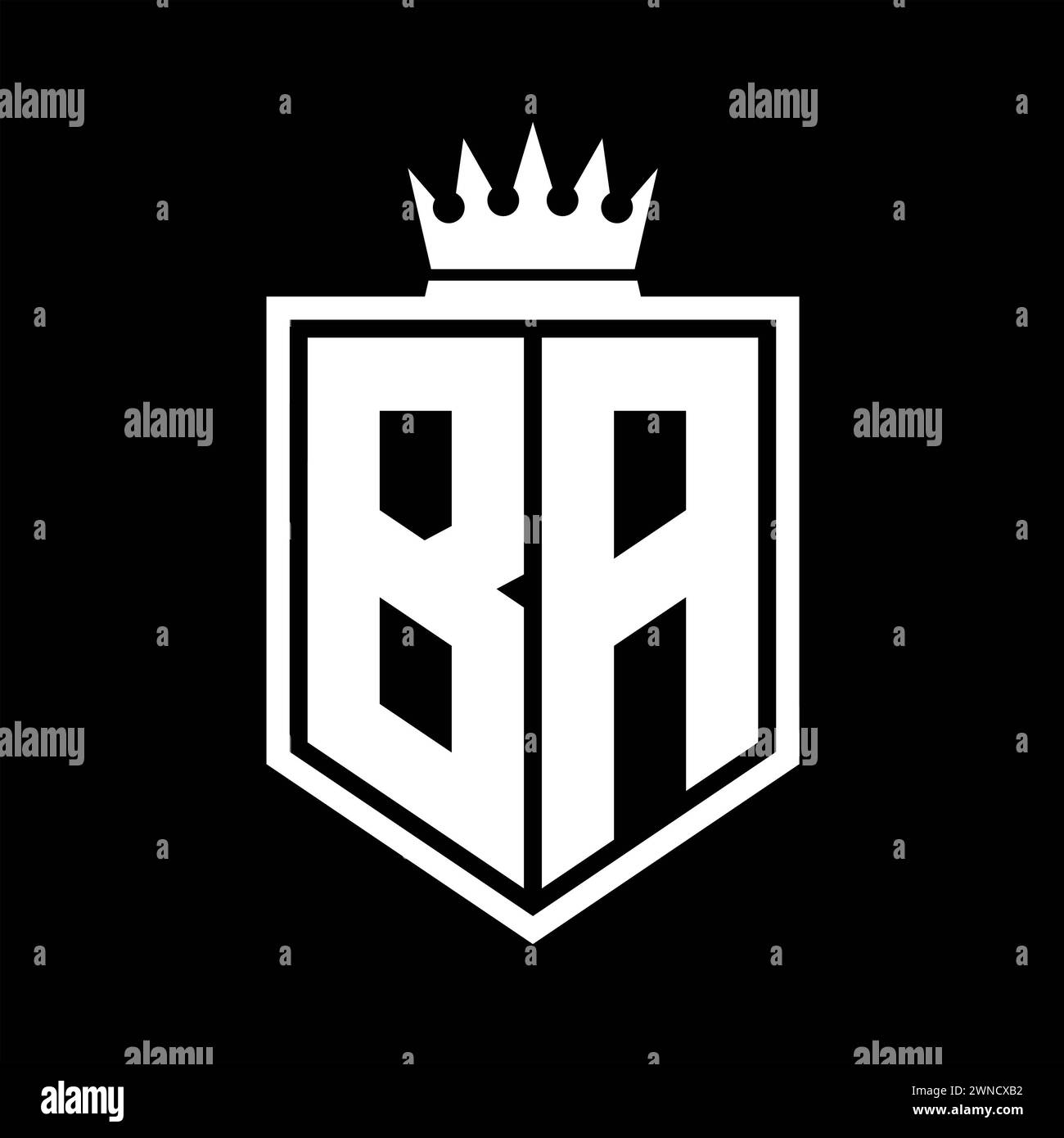 BA Letter Logo monogram bold shield geometric shape with crown outline ...
