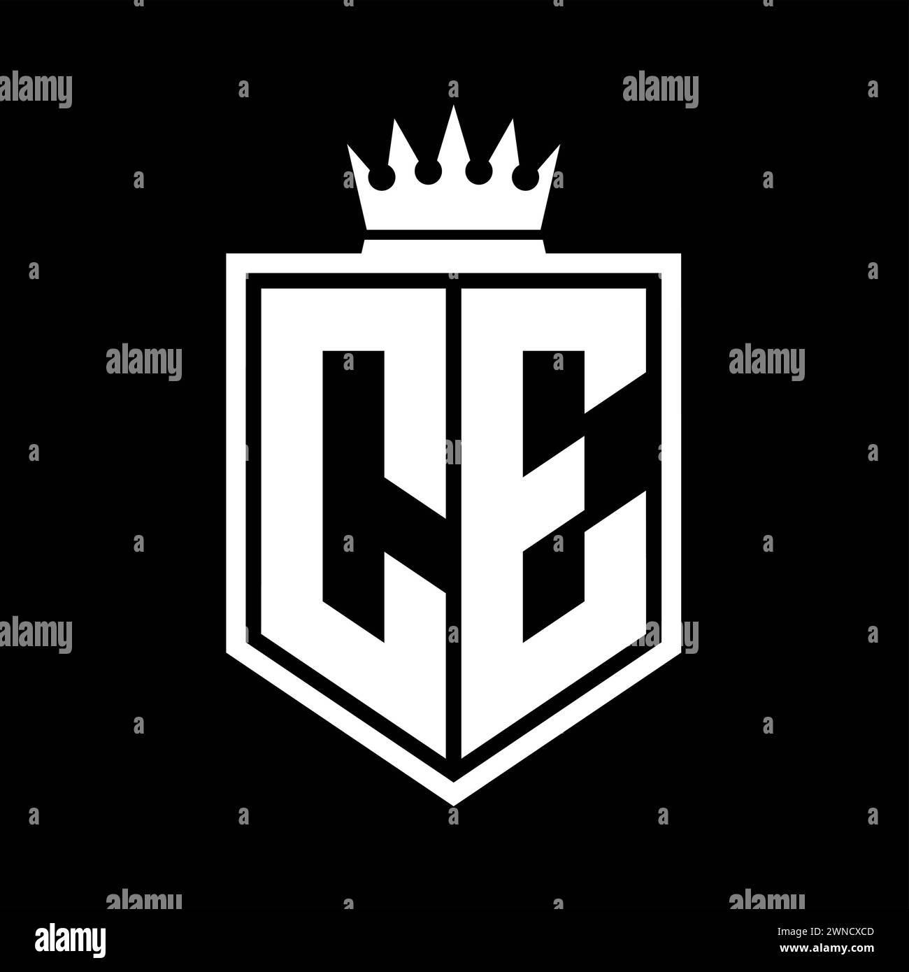 CE Letter Logo monogram bold shield geometric shape with crown outline black and white style ...