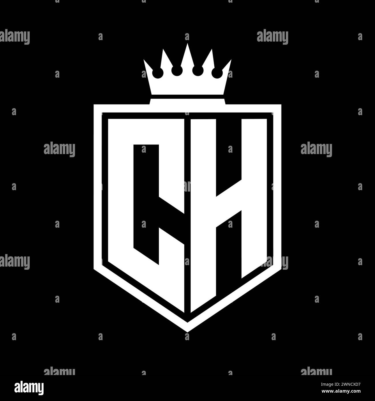 CH Letter Logo monogram bold shield geometric shape with crown outline ...